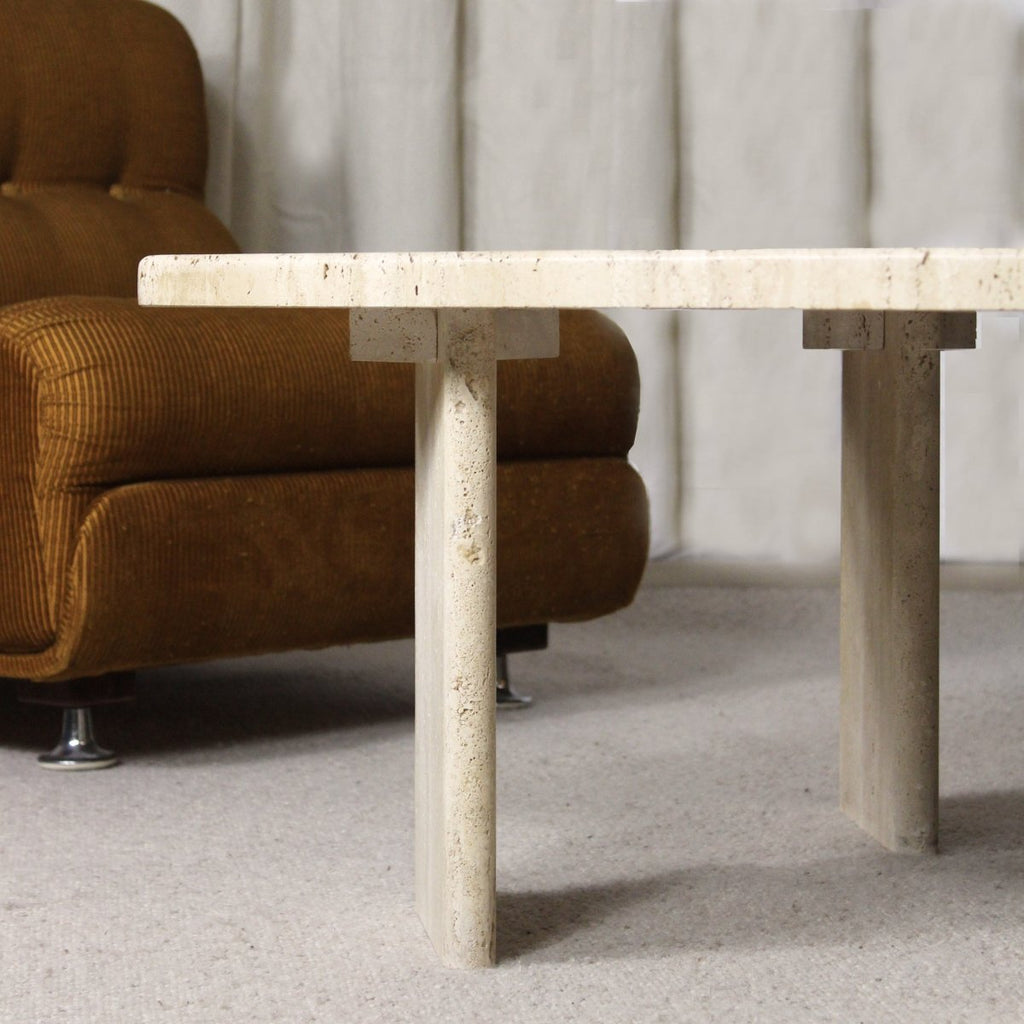 Table basse carrée en travertin et bois - Maison Collectible