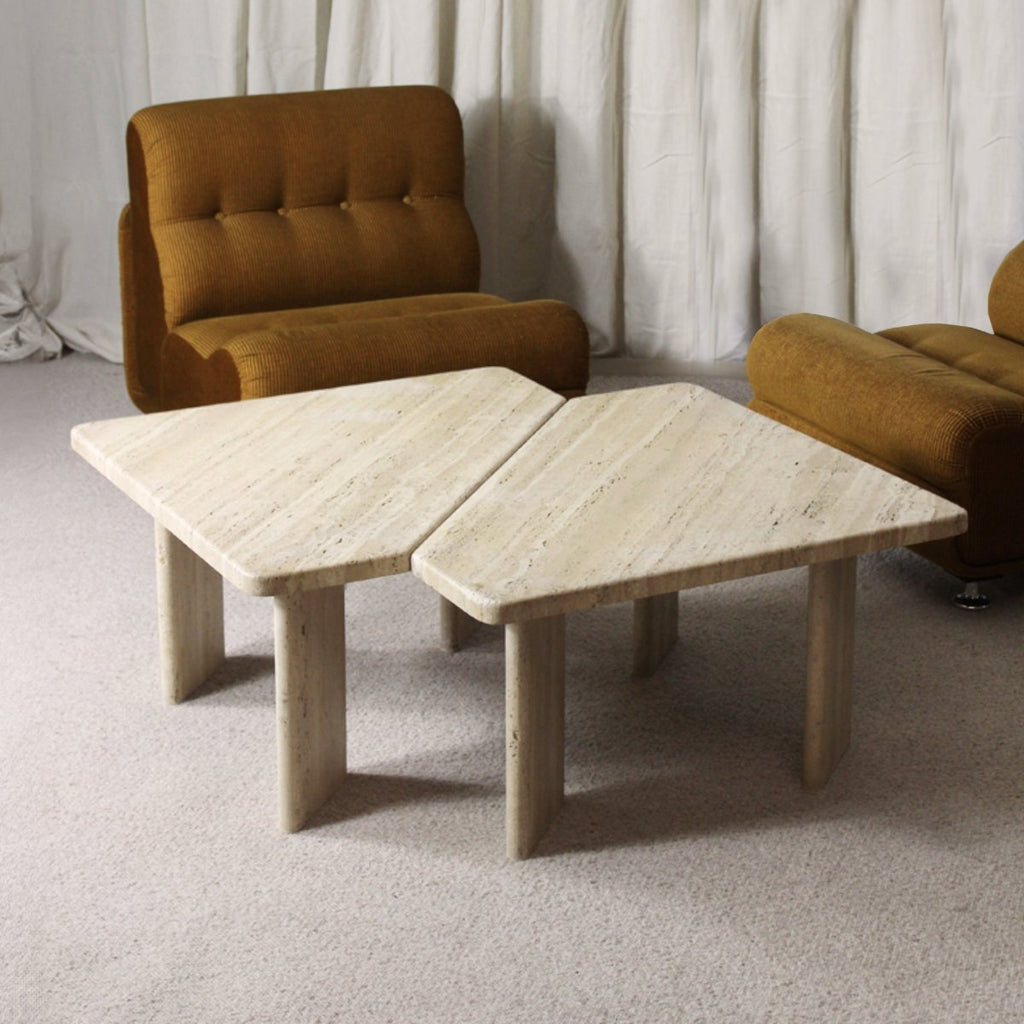 Table basse carrée en travertin et bois - Maison Collectible